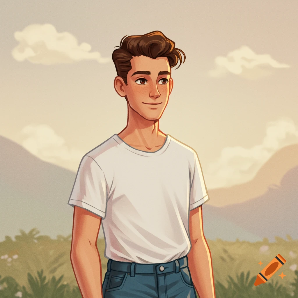 Stylized illustration of a young man in a white t-shirt and jeans ...