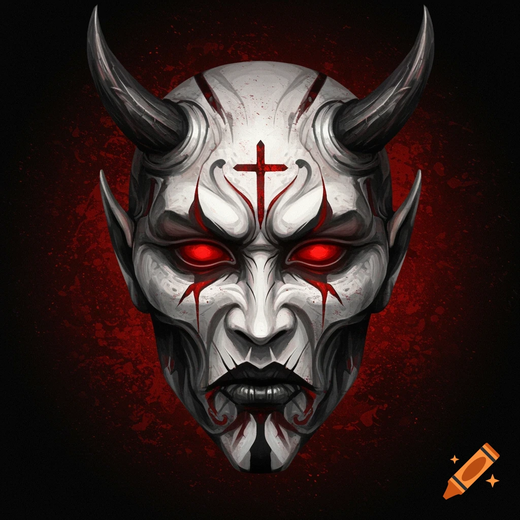 A white and gray devil mask with red eyes, red horns, black lips, and a ...