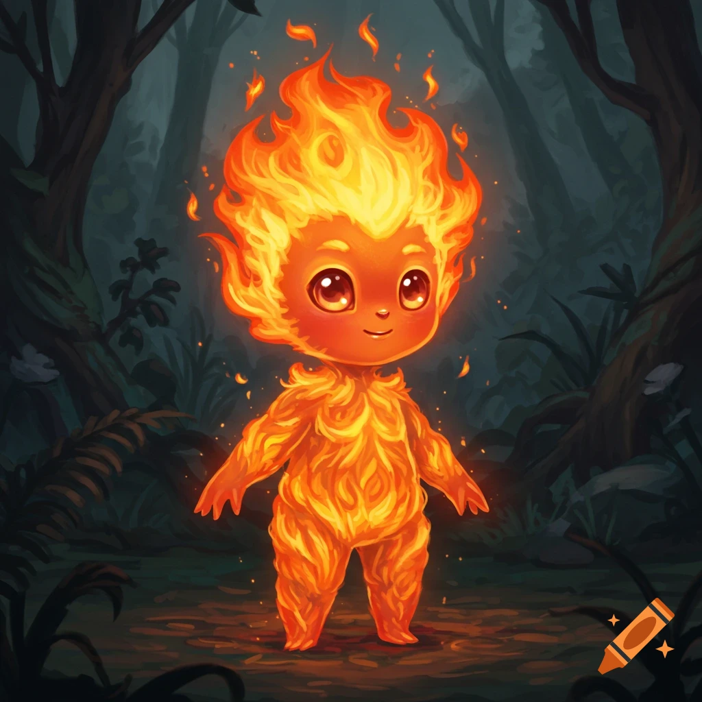 A cute, glowing fire creature stands in a dark, stylized forest. on Craiyon