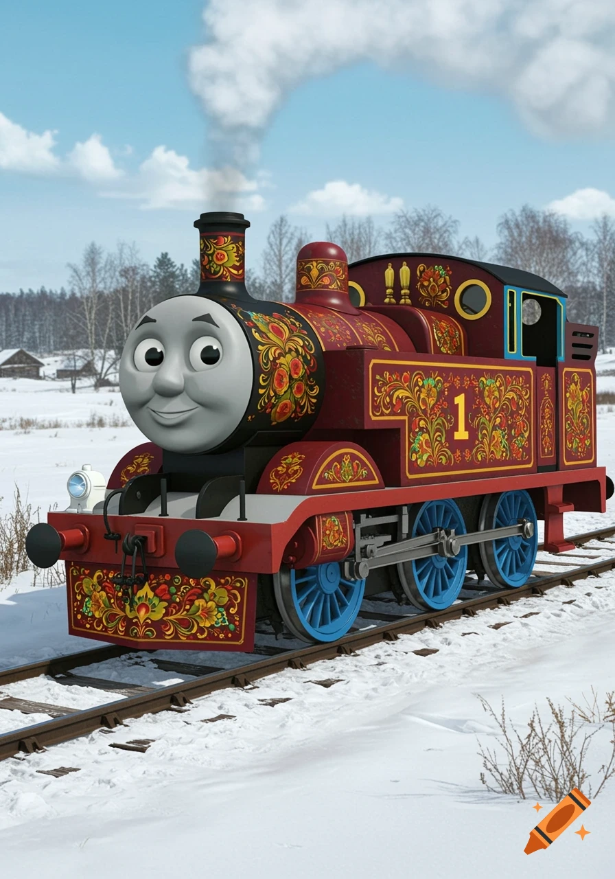 Thomas the Tank Engine decorated with Russian folk art sits on tracks ...