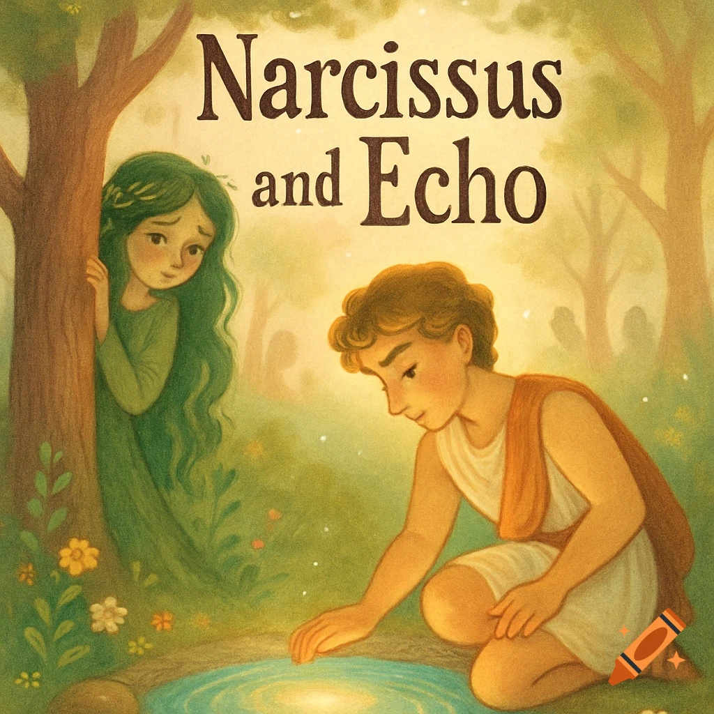Storybook illustration: Narcissus kneels by water looking at reflection ...