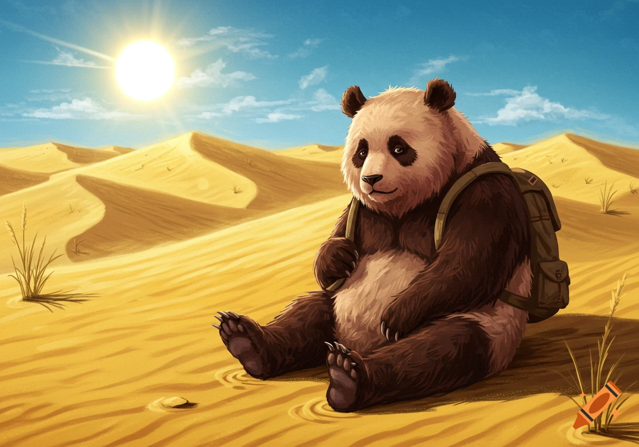 A brown panda with a backpack sits in a desert under a bright sun. on ...