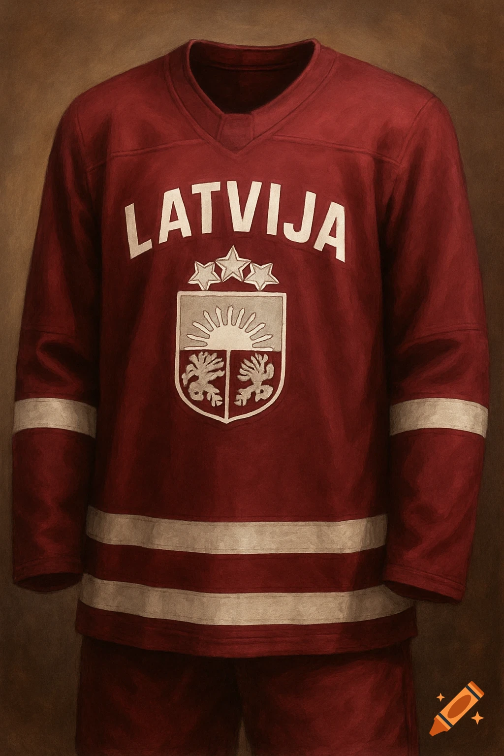Maroon Latvia hockey jersey with 'LATVIJA' text and emblem. on Craiyon