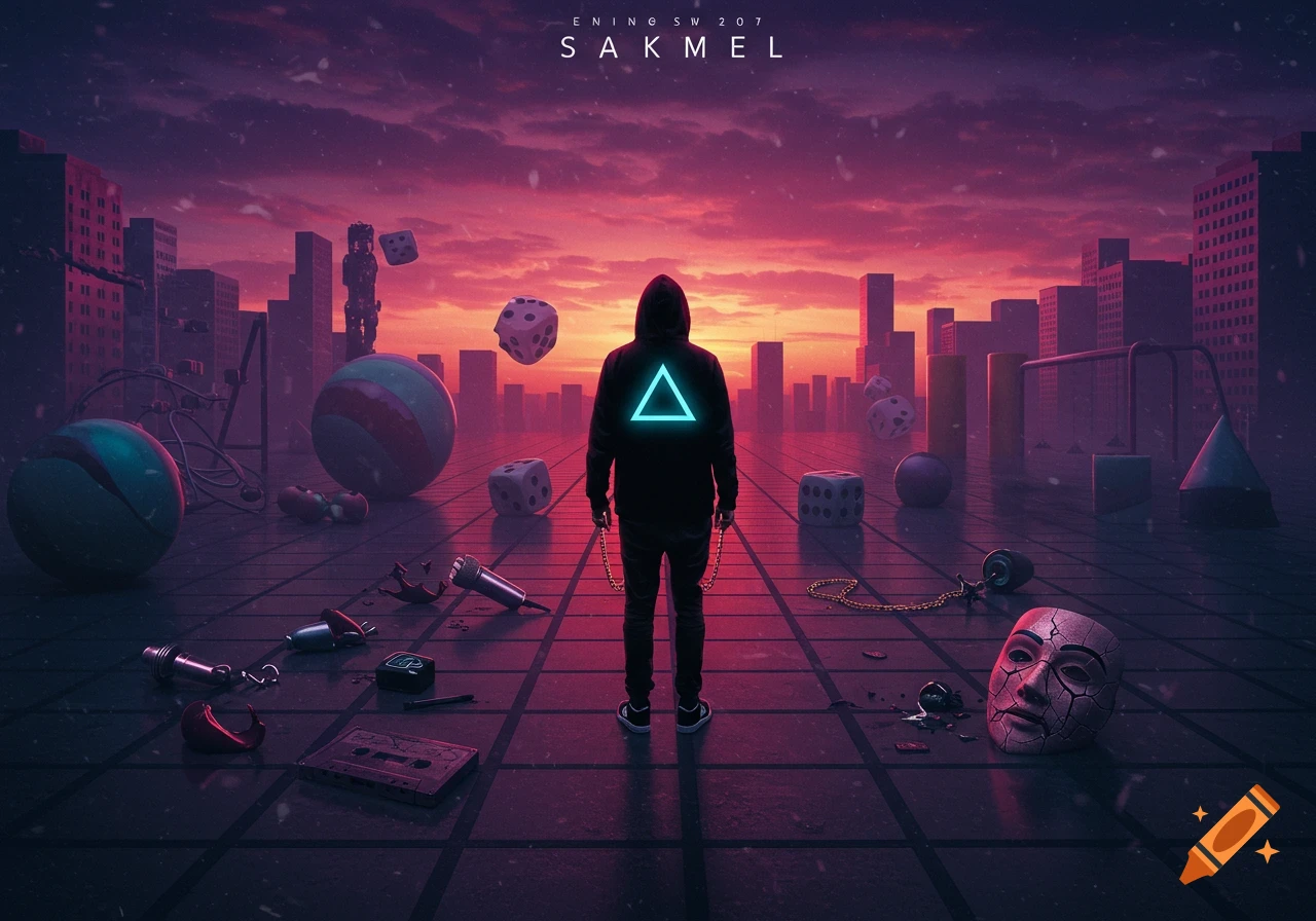 Hooded figure on a checkered ground in a surreal city with game ...