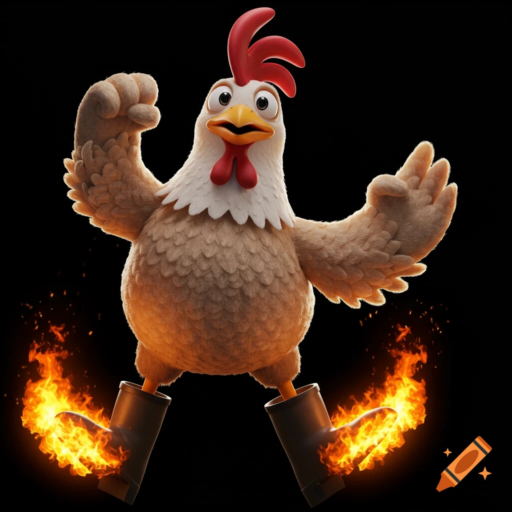 A 3D cartoon chicken with a raised fist wears boots with fire coming ...
