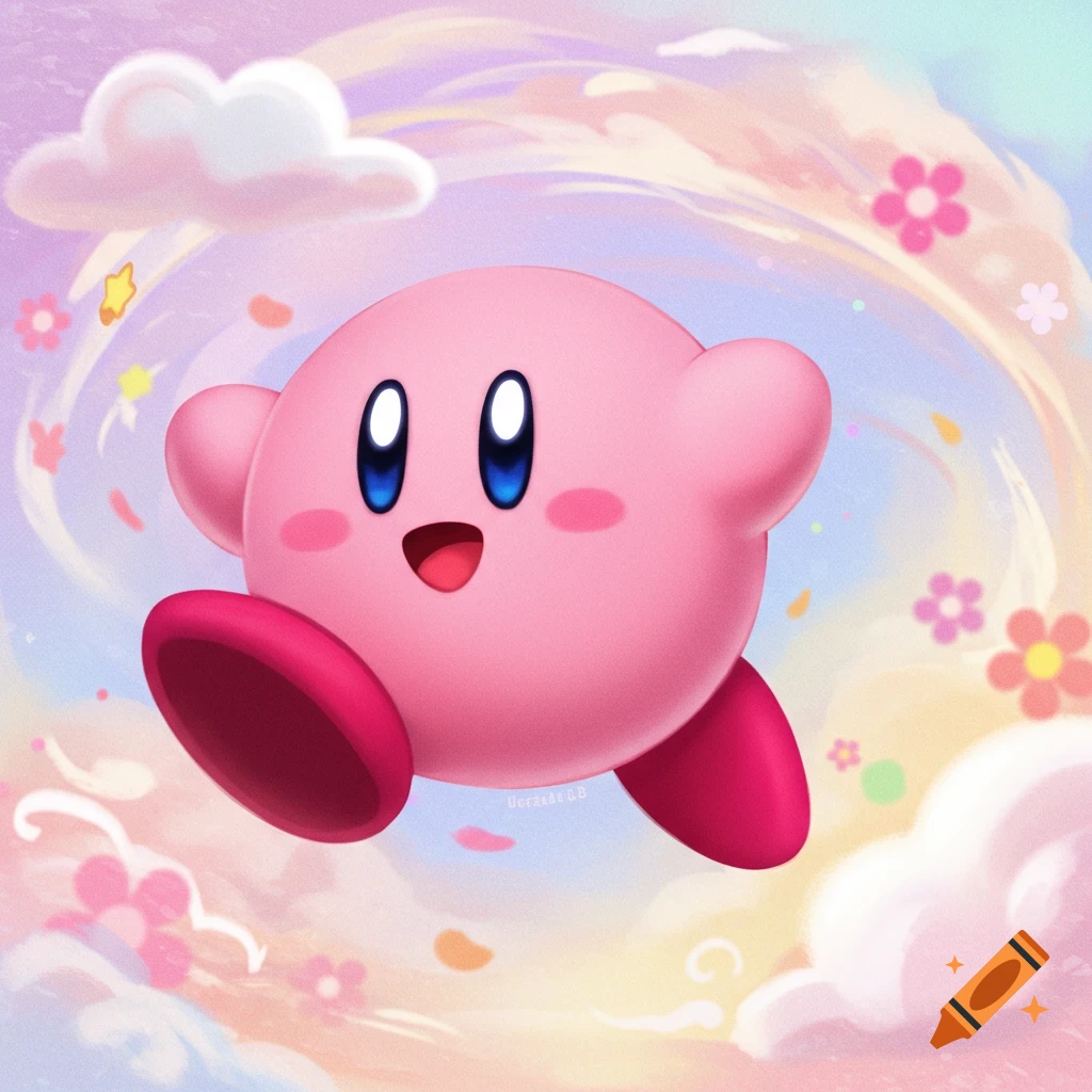 Pink cartoon character Kirby running in a colorful sky with clouds and ...