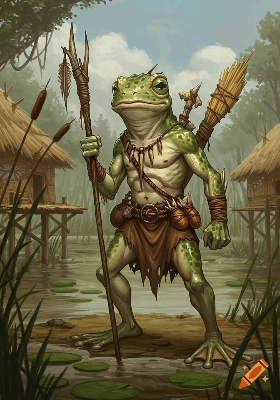 Detailed fantasy art of an upright frog-like creature (Tishoki) with a ...