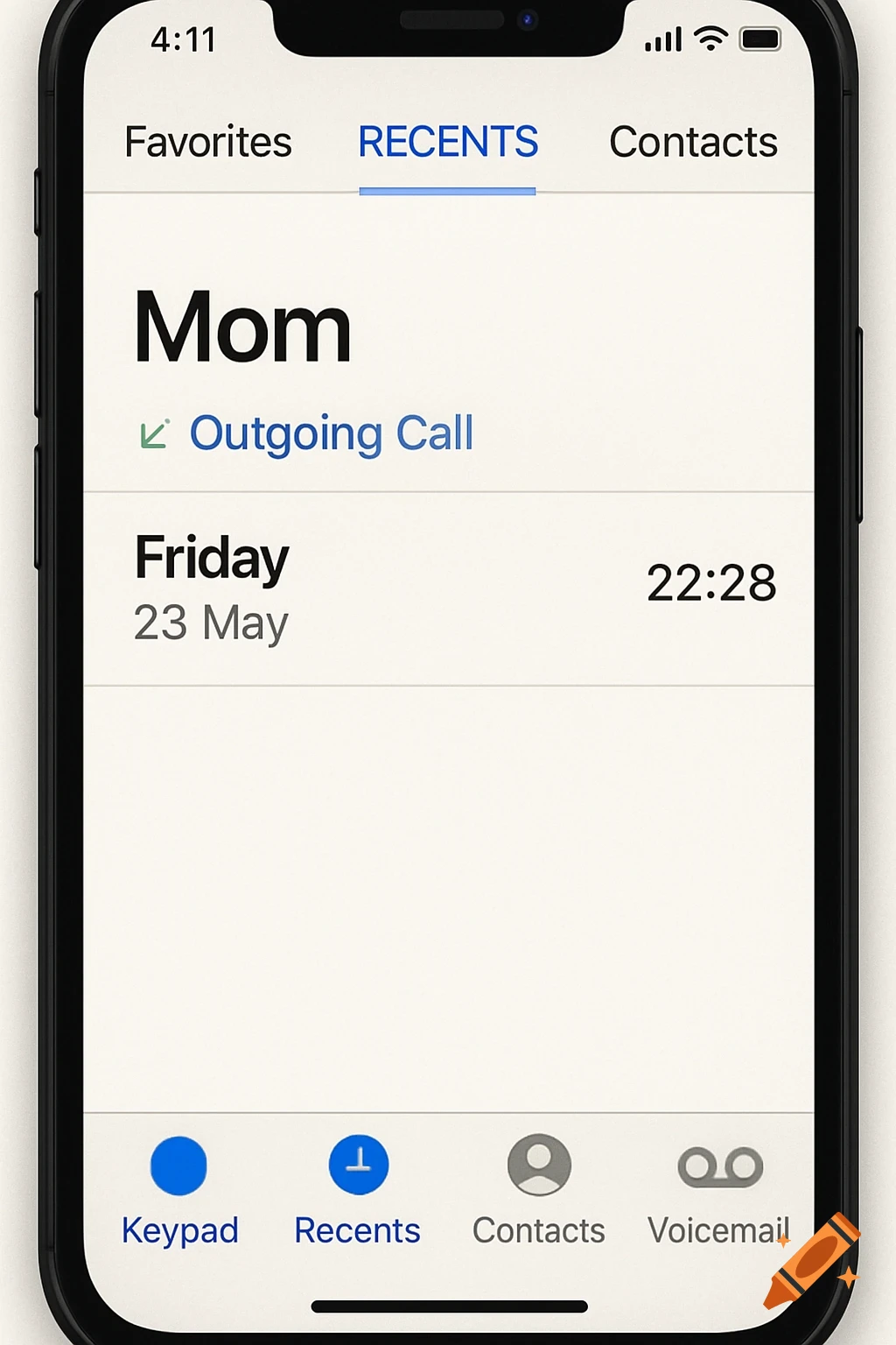 A phone screen showing a call history entry for Mom, listed as an ...