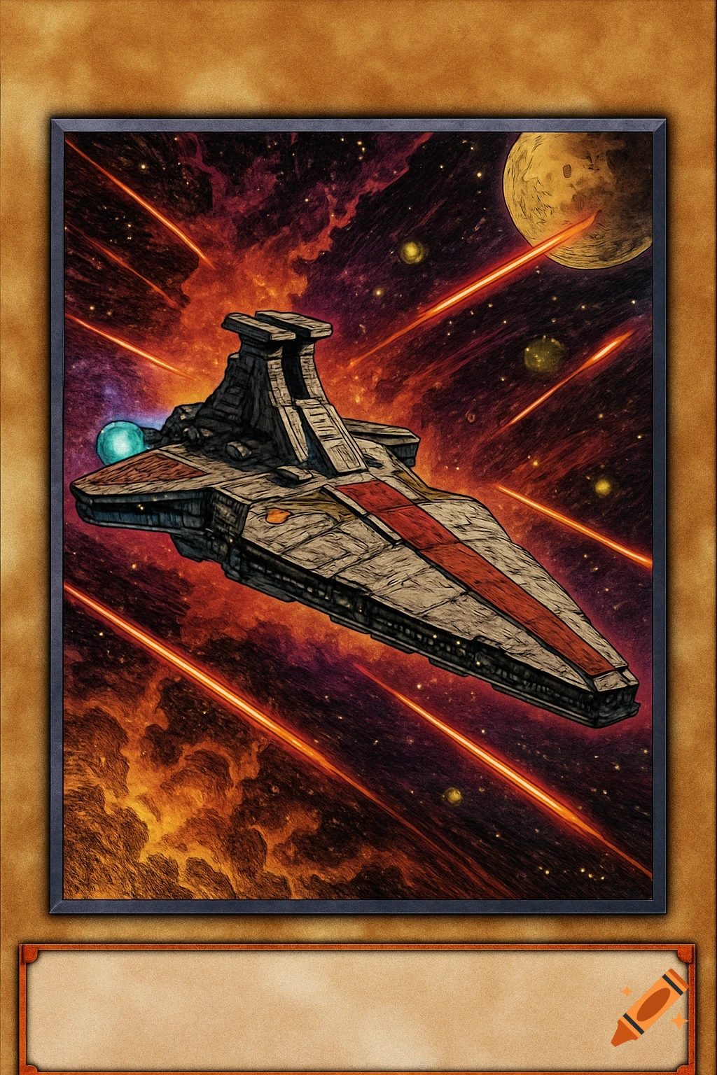 Star Wars Venator-class Star Destroyer in space battle, Yu-Gi-Oh! card art style on Craiyon