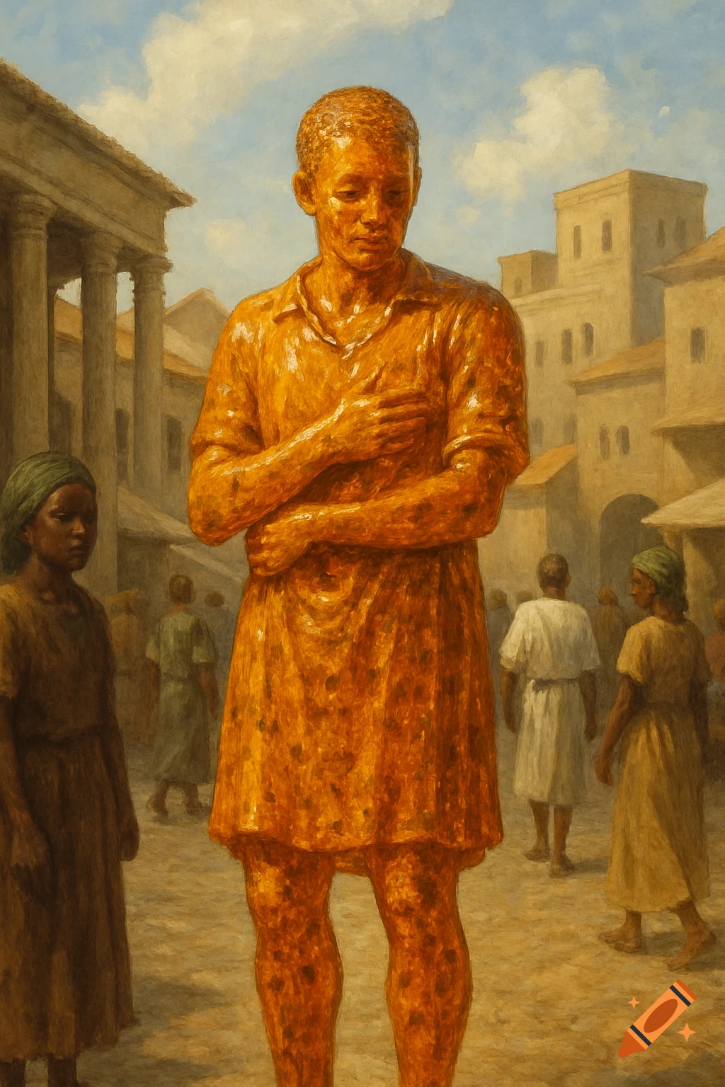 Painting of an amber-colored statue of a person standing in a classical ...