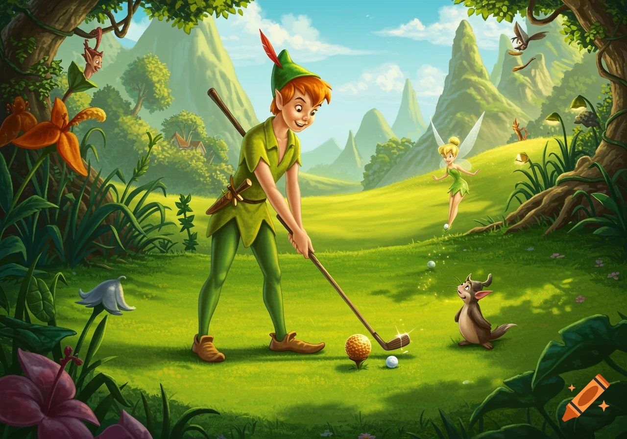Peter Pan plays golf in a lush, animated fantasy landscape with ...