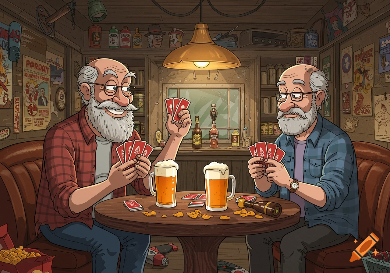 Cartoon image of two older men playing cards and drinking beer in a ...