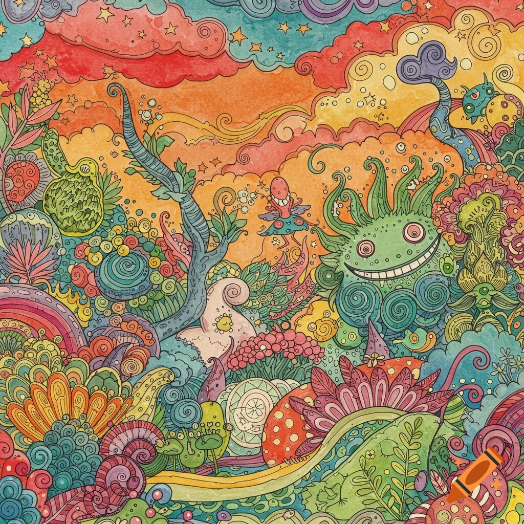 Colorful, detailed, whimsical watercolor illustration of plants and ...