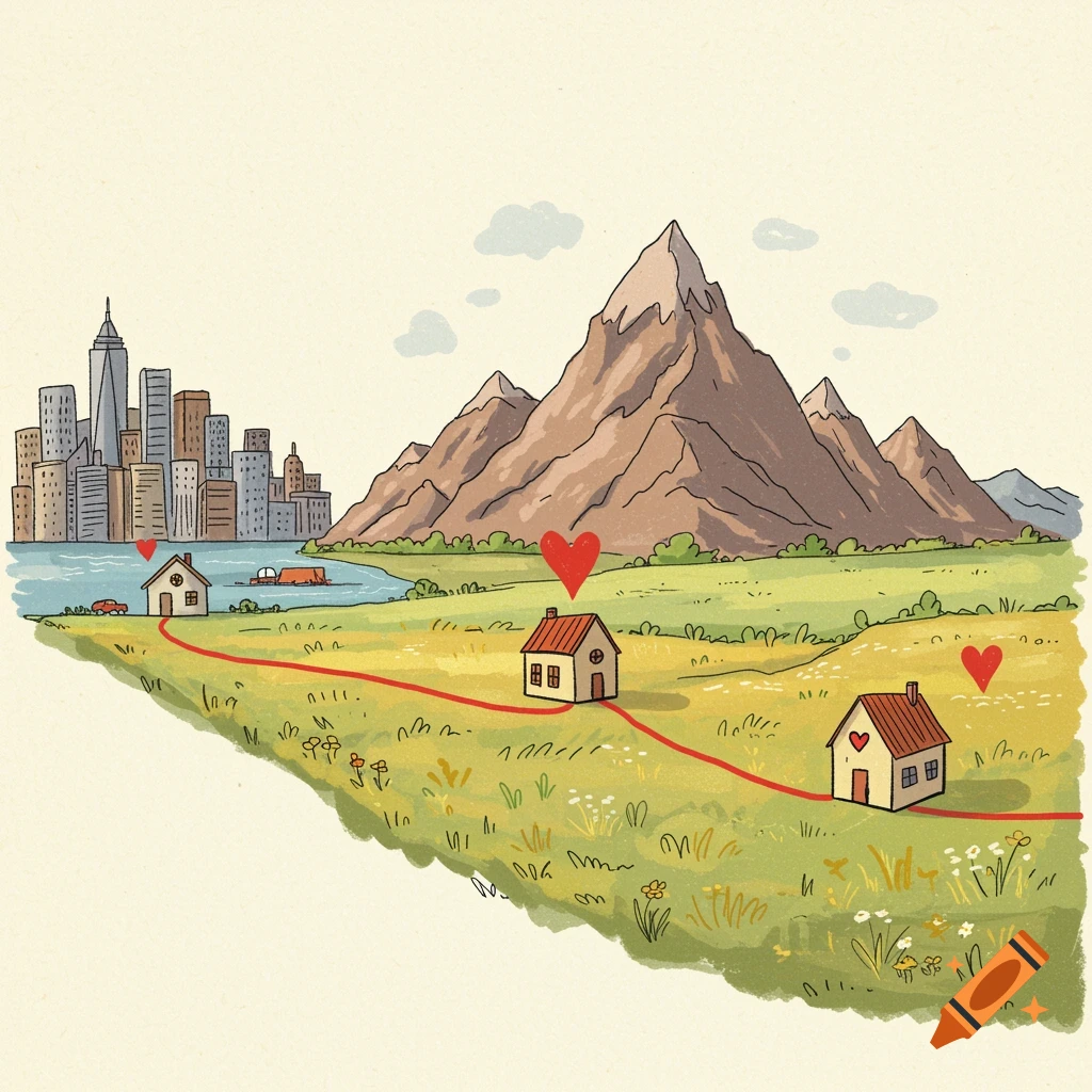 A stylized illustration of a path connecting a city and houses with ...