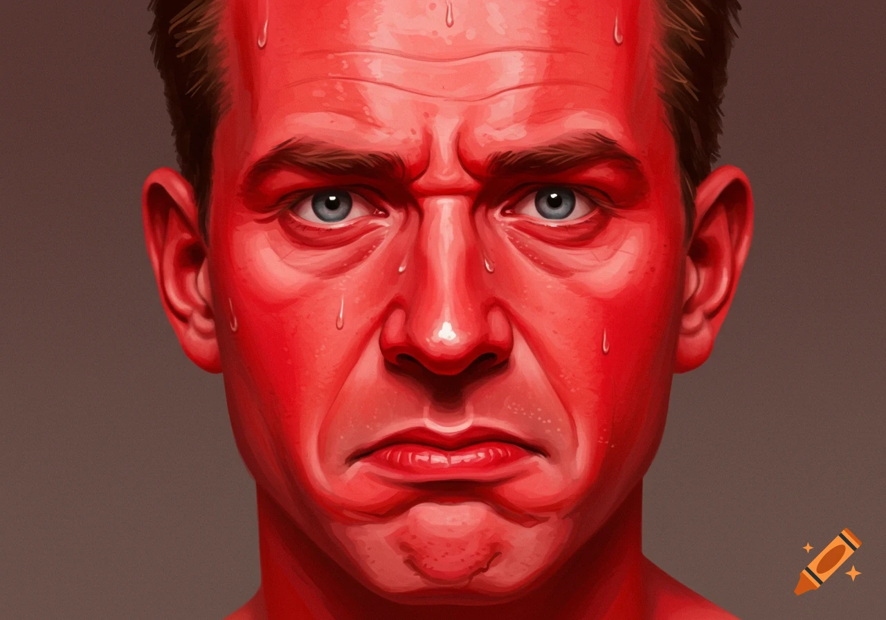Illustration of a man's face sweating and turning red. on Craiyon