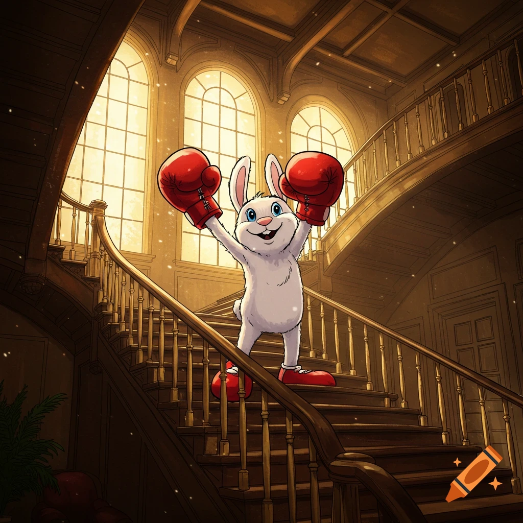 Cartoon bunny in red boxing gloves stands on a grand staircase with ...