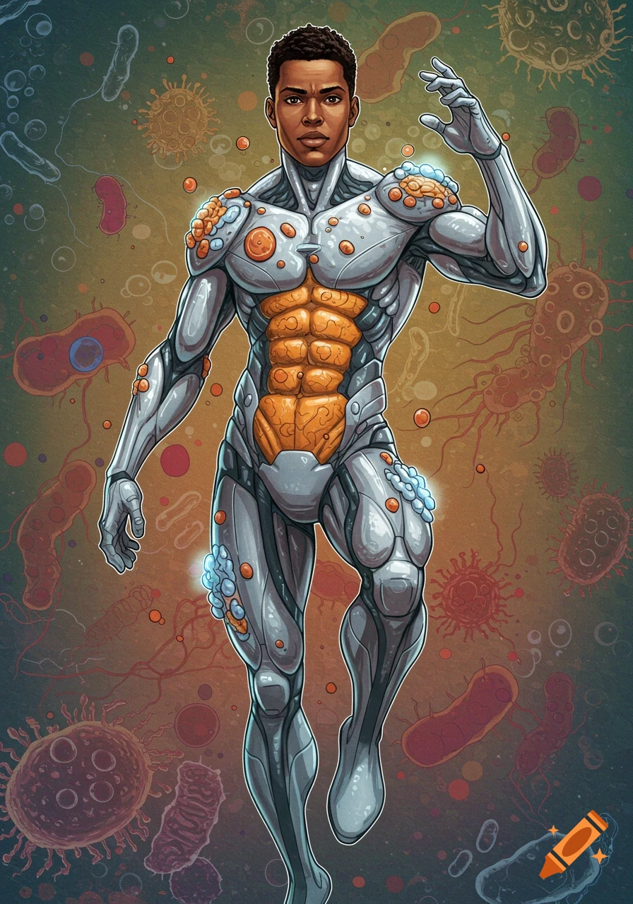 Illustration of a superhero in a futuristic suit surrounded by microbes ...