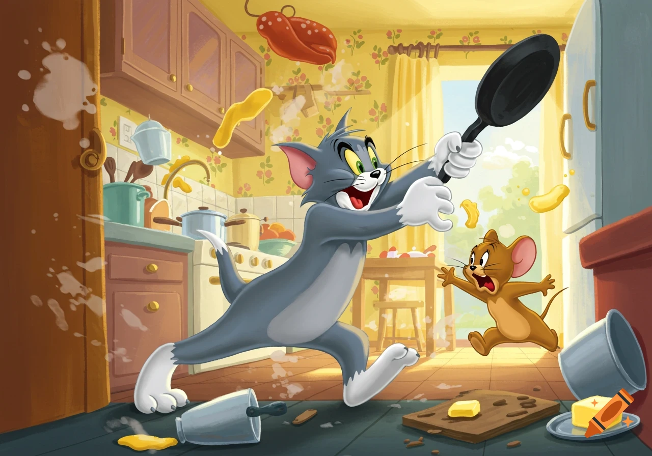 Cartoon of Tom cat chasing Jerry mouse in a kitchen with pancakes ...