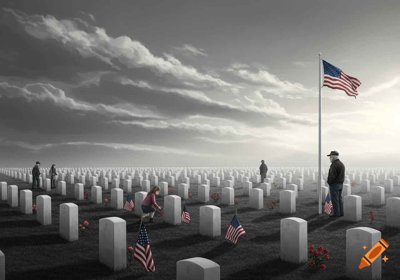View of a vast military cemetery with people visiting graves and ...