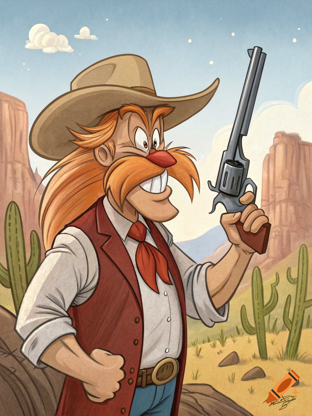 Cartoon cowboy character resembling Yosemite Sam holding a gun in a ...