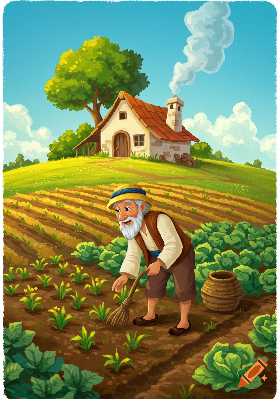 Cartoon-style illustration of an old man farming in a field with a ...