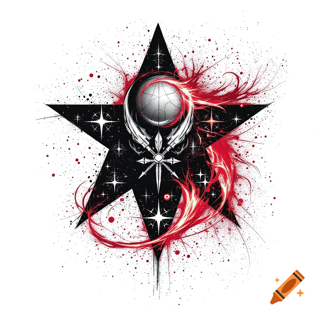 Black five-pointed star with white sphere, wings, cross symbol, and red ...