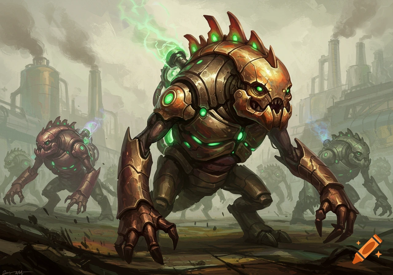 Fantasy illustration of metallic creatures in an industrial landscape ...