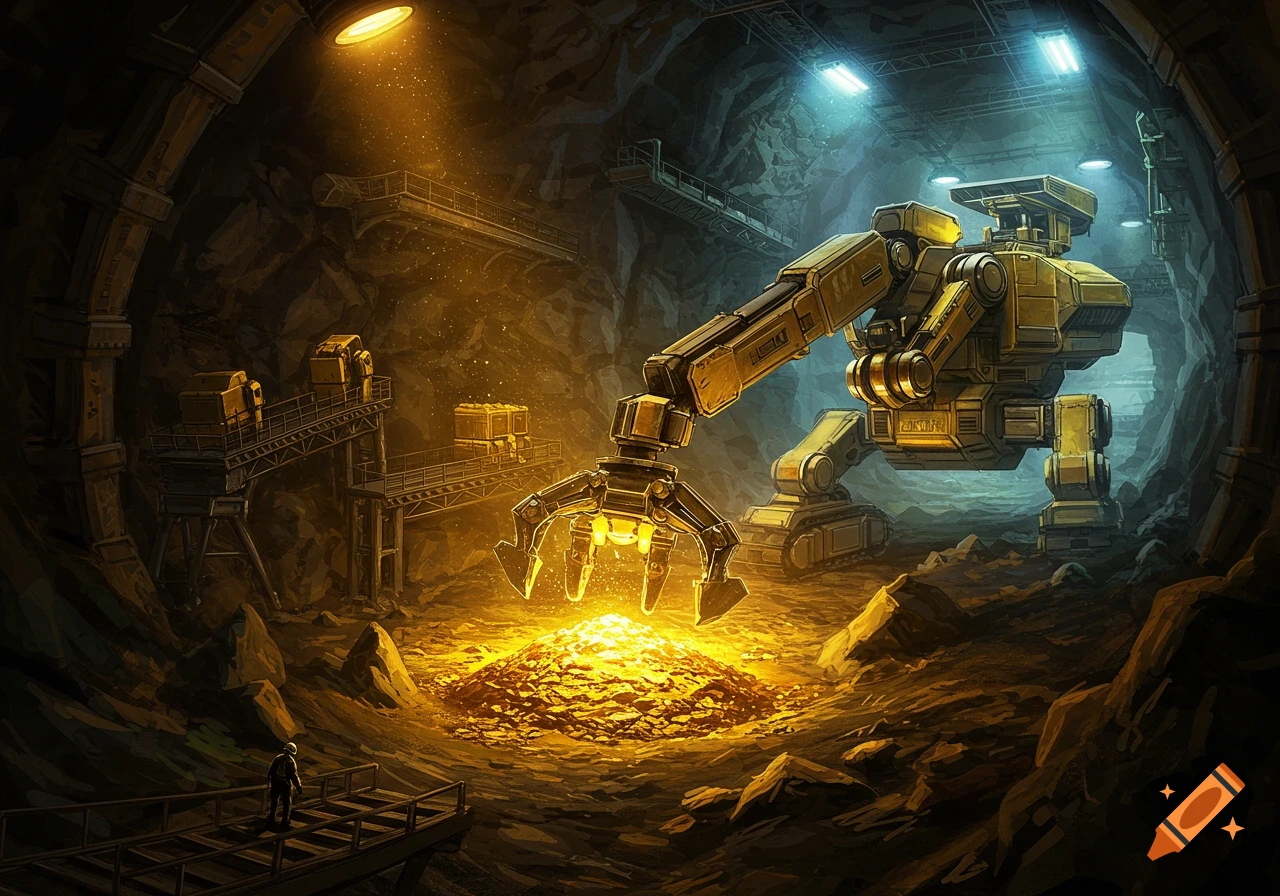A large yellow mining robot extracts gold in a dark mine. A small ...