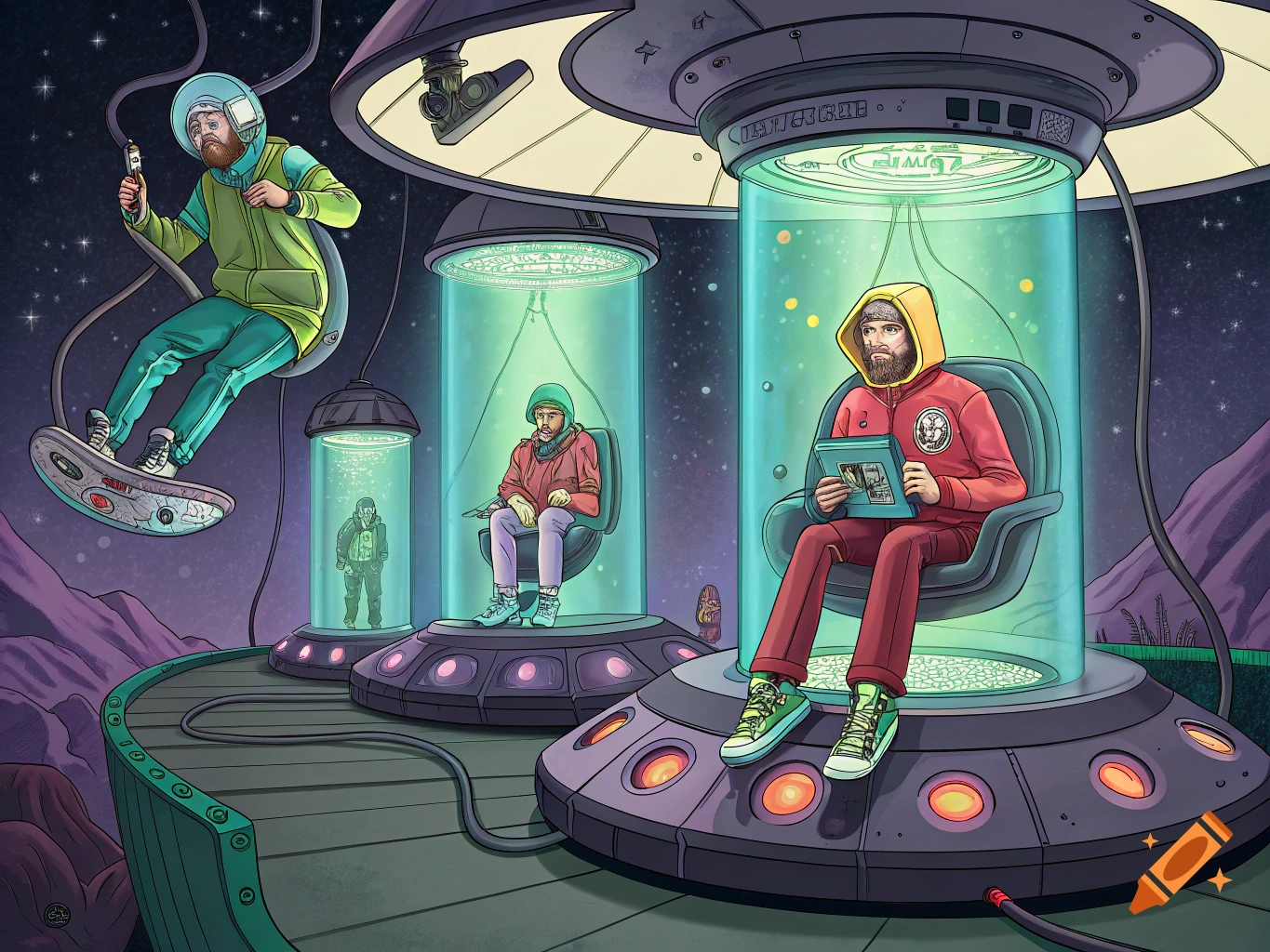 Cartoon illustration of band members in sci-fi tubes watched by an ...