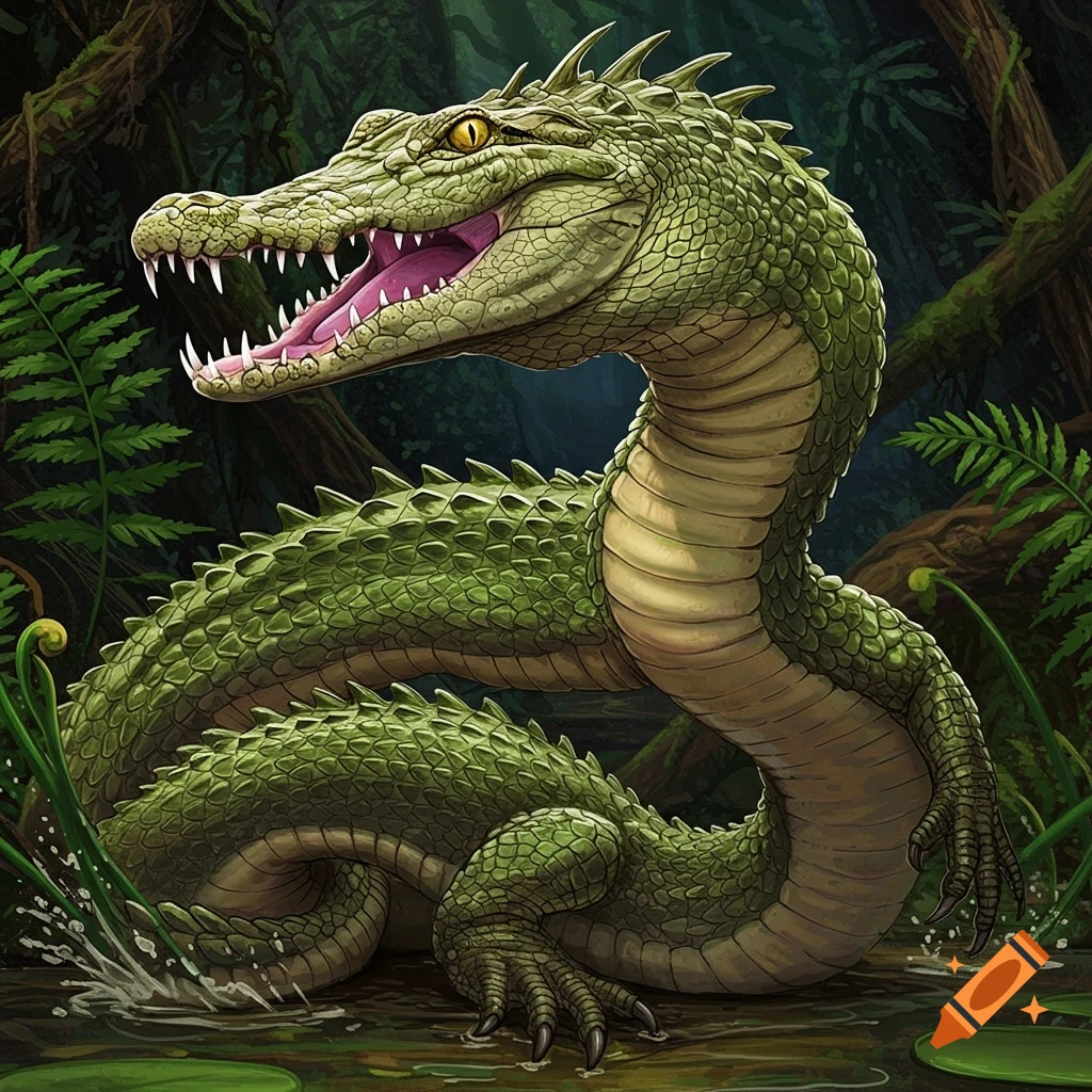 A green snake-alligator hybrid creature in a jungle swamp. on Craiyon