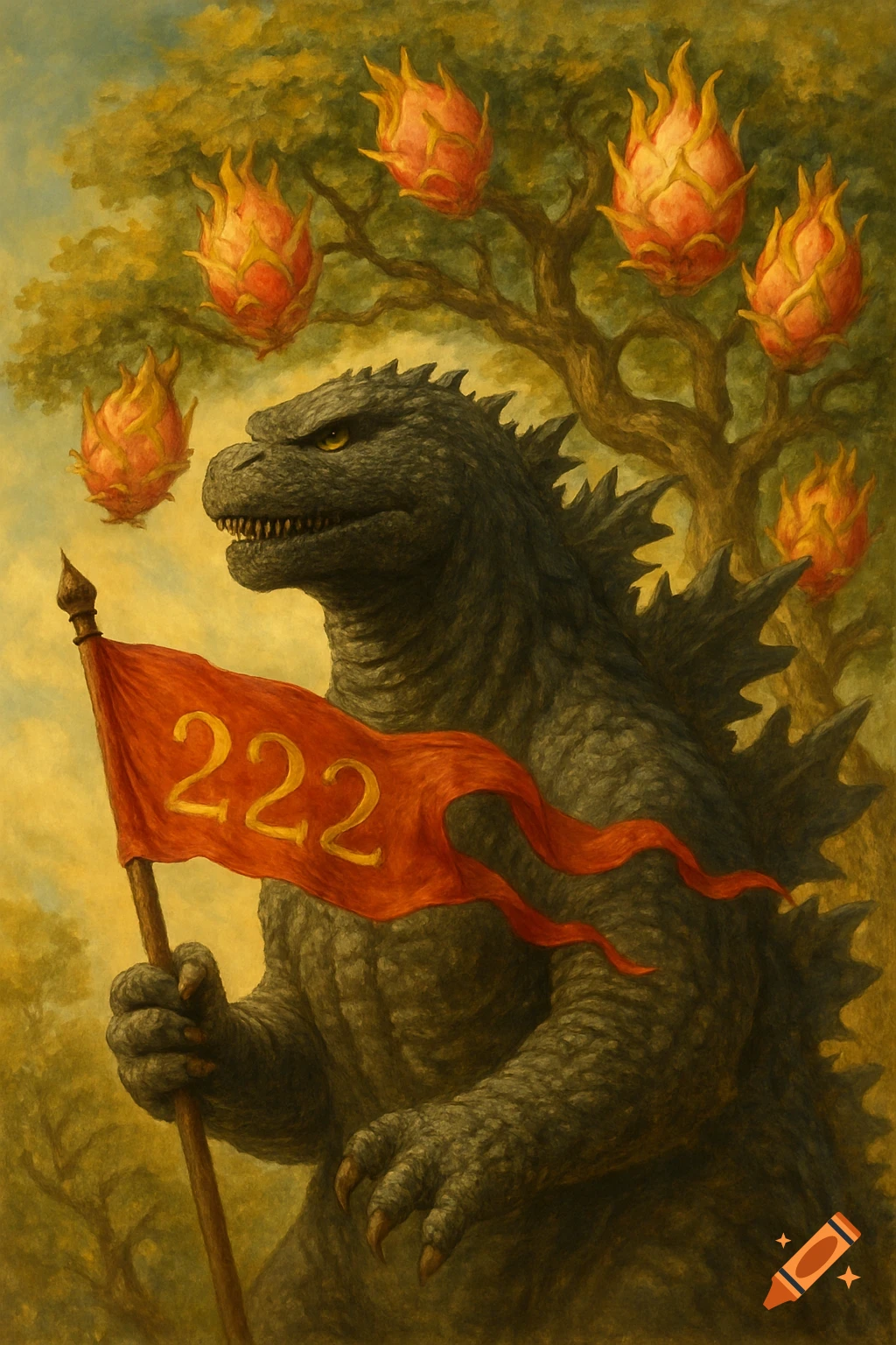 Godzilla holds a red banner with 222 in gold, standing by a tree with ...