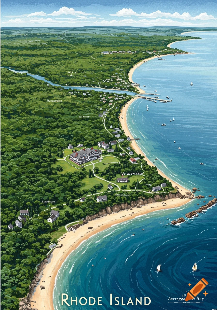 Illustrated aerial view of the Rhode Island coastline with towns, bay ...