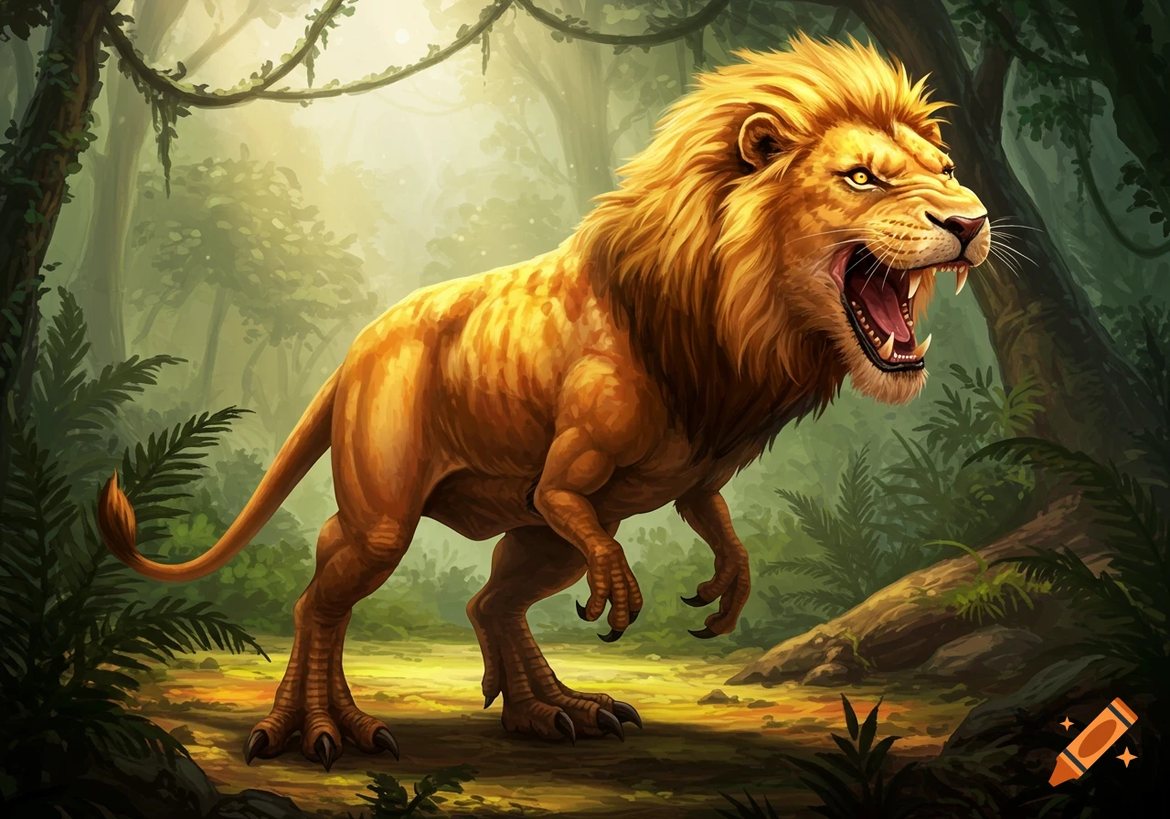 Illustration of a roaring lion and T-rex hybrid creature standing in a ...