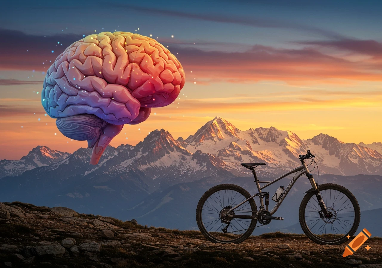 A large, glowing brain floats above a mountain bike on a rocky mountain peak with snow-capped ...
