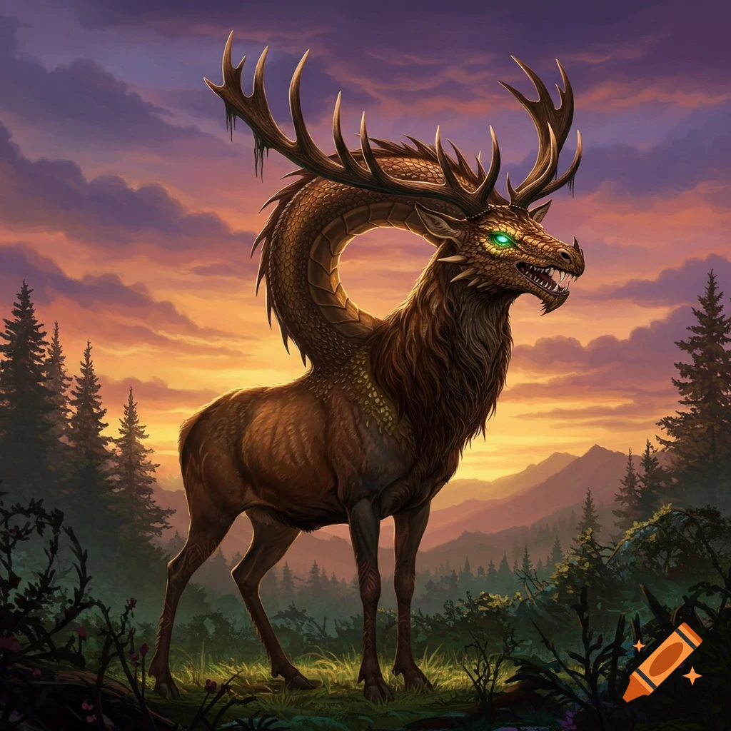 A mythical stag-dragon creature stands in a forest at sunset. on Craiyon