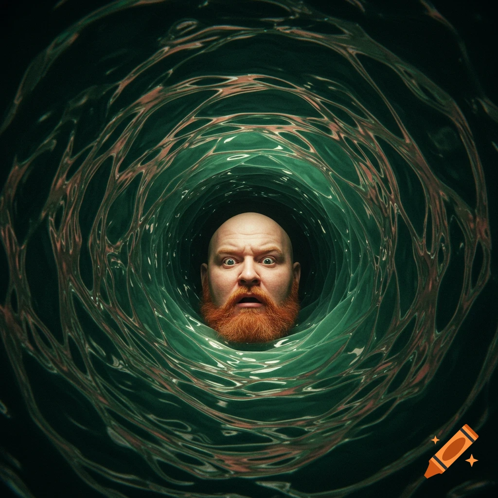 Surprised bald man's face with red beard in a swirling green slimy ...