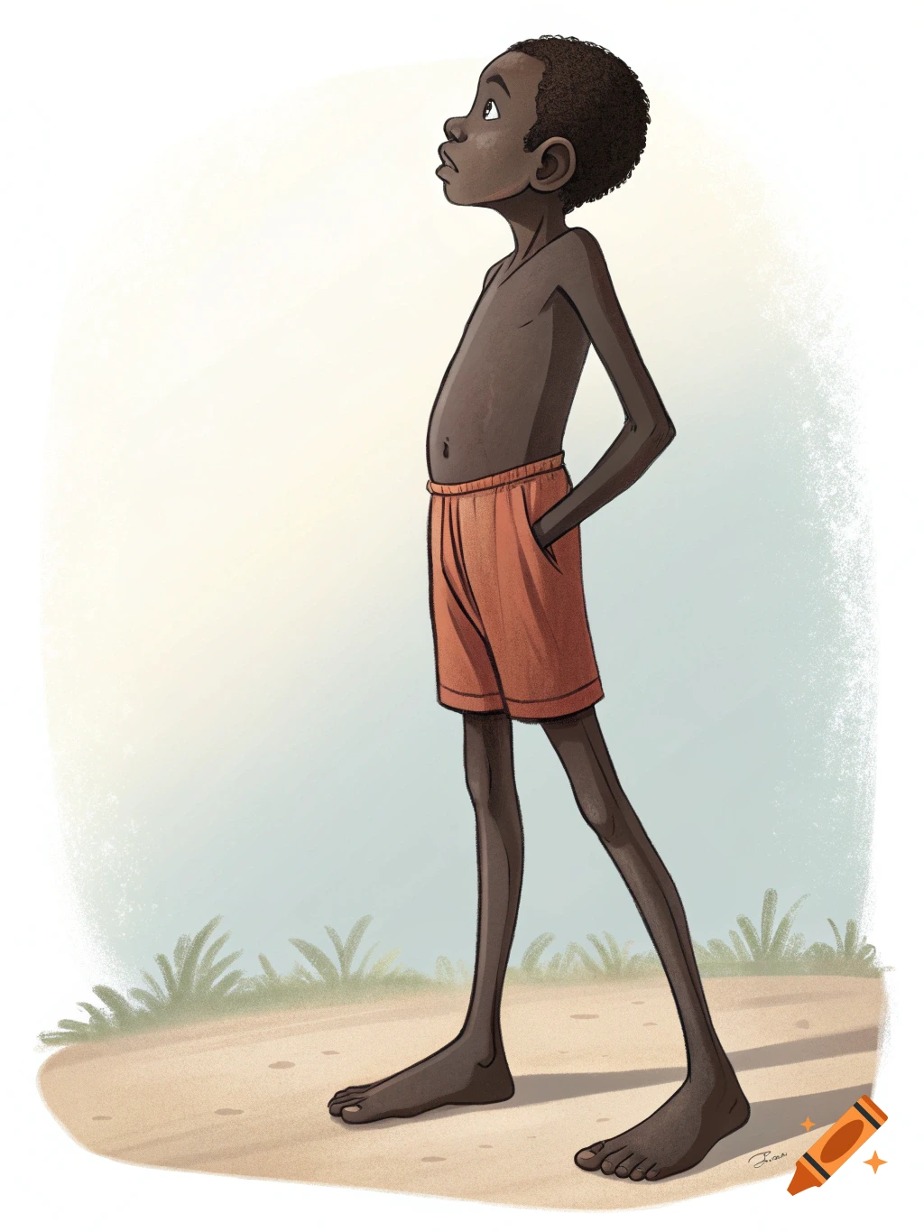 Illustration of a skinny boy with dark skin and red shorts standing and looking up. on Craiyon