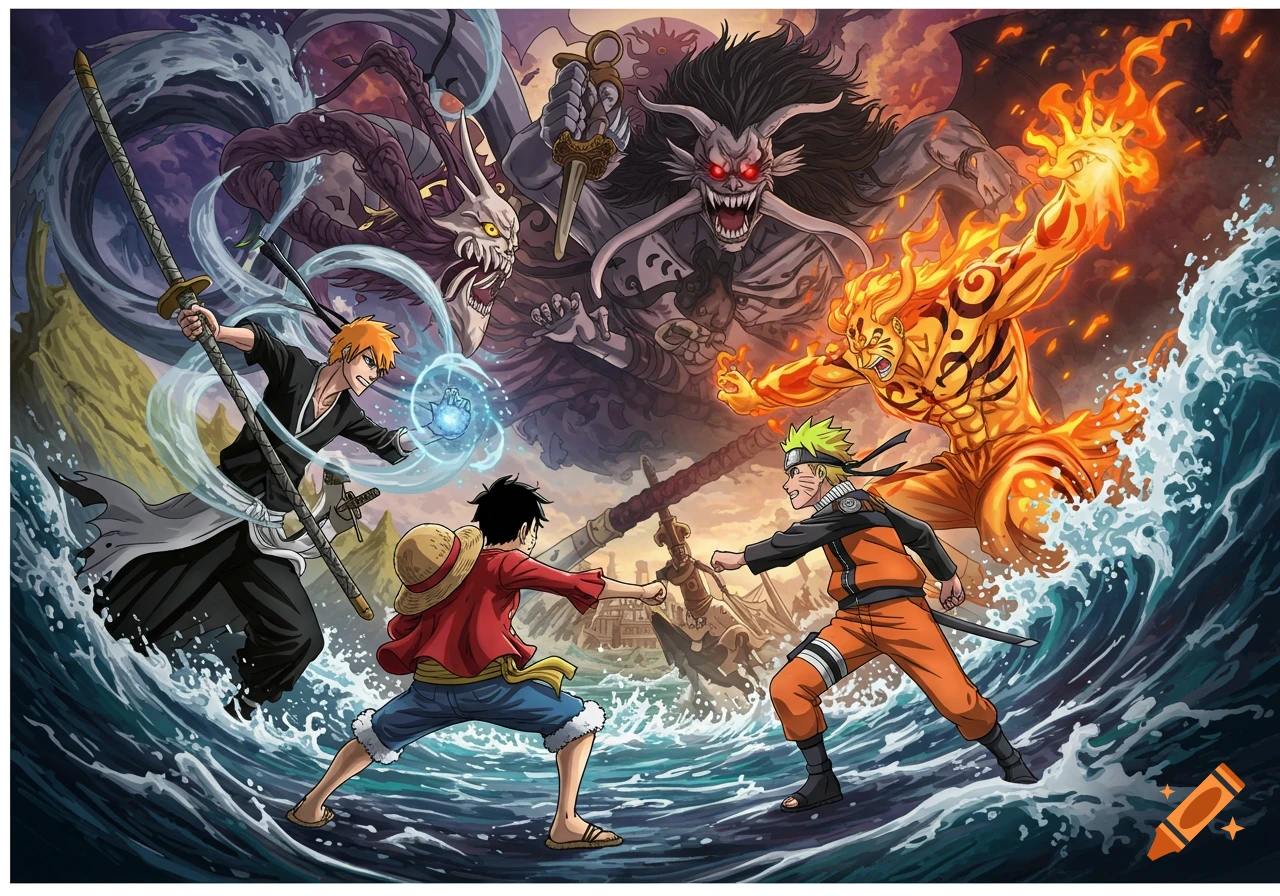 Anime heroes Luffy, Naruto, and Ichigo battle large monsters in a ...