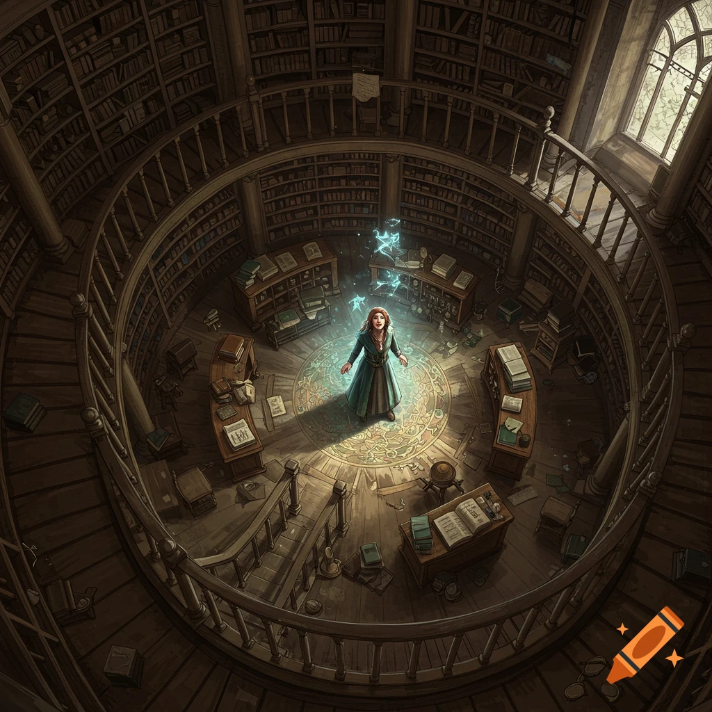 A woman performs magic in the center of a vast circular library with ...