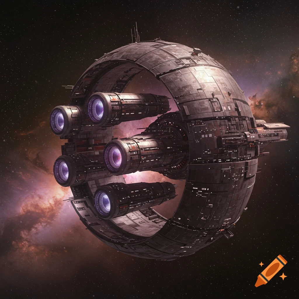 A sphere-shaped science fiction spaceship with large engines, in orbit ...