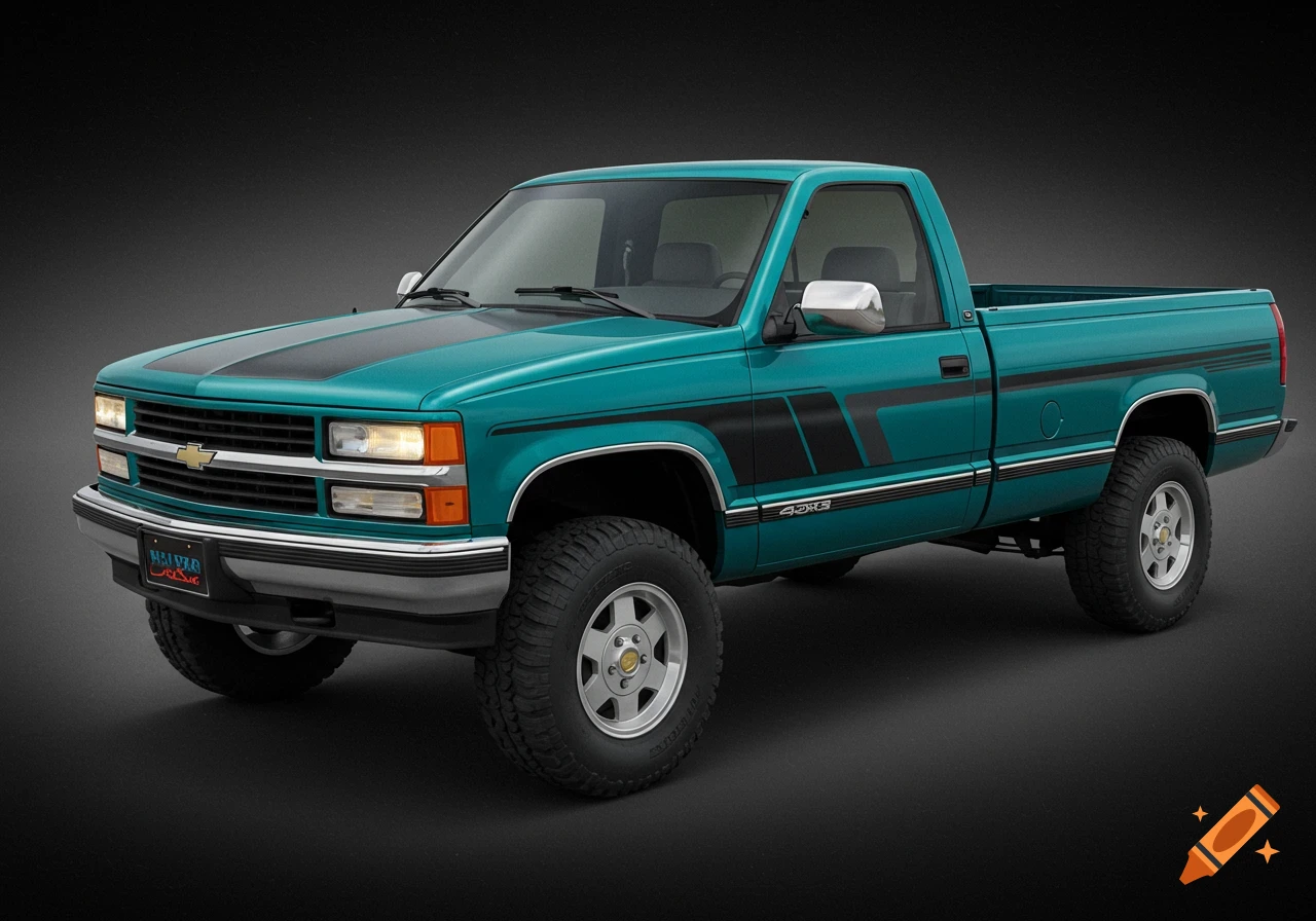 A teal 1990s Chevrolet K1500 4X4 pickup truck with black stripes. on ...