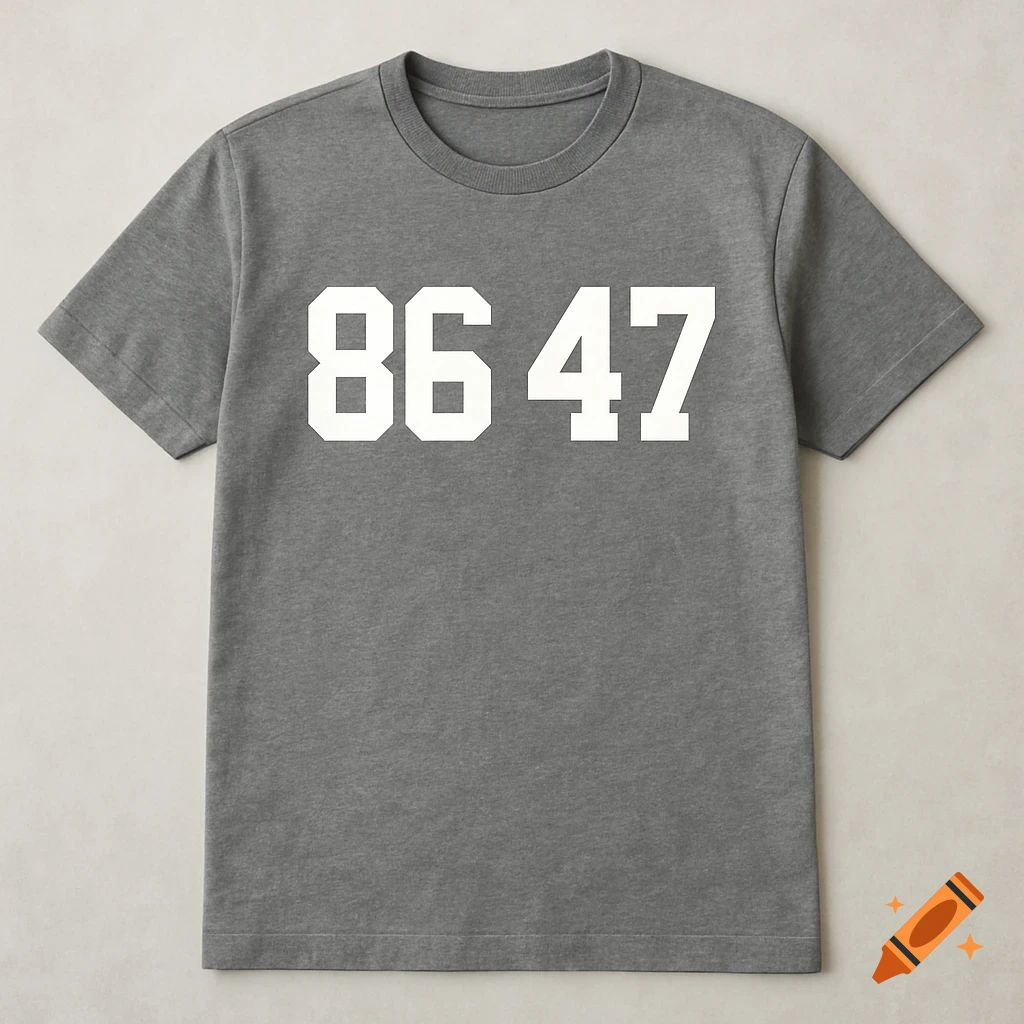 Photorealistic image of a grey t-shirt printed with the numbers 86 47 ...