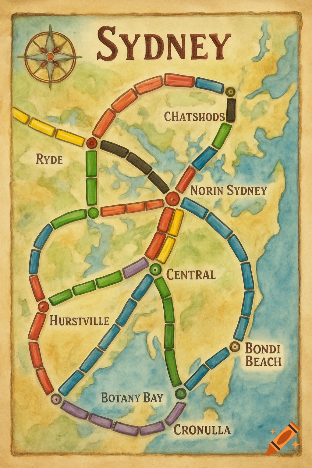 A watercolor style map of Sydney with colored routes, resembling a ...