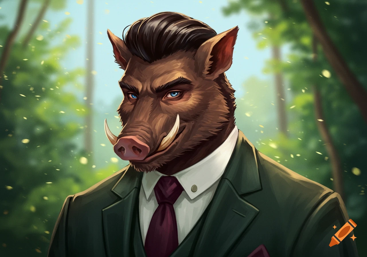 An anthropomorphic boar in a suit standing in a forest. on Craiyon