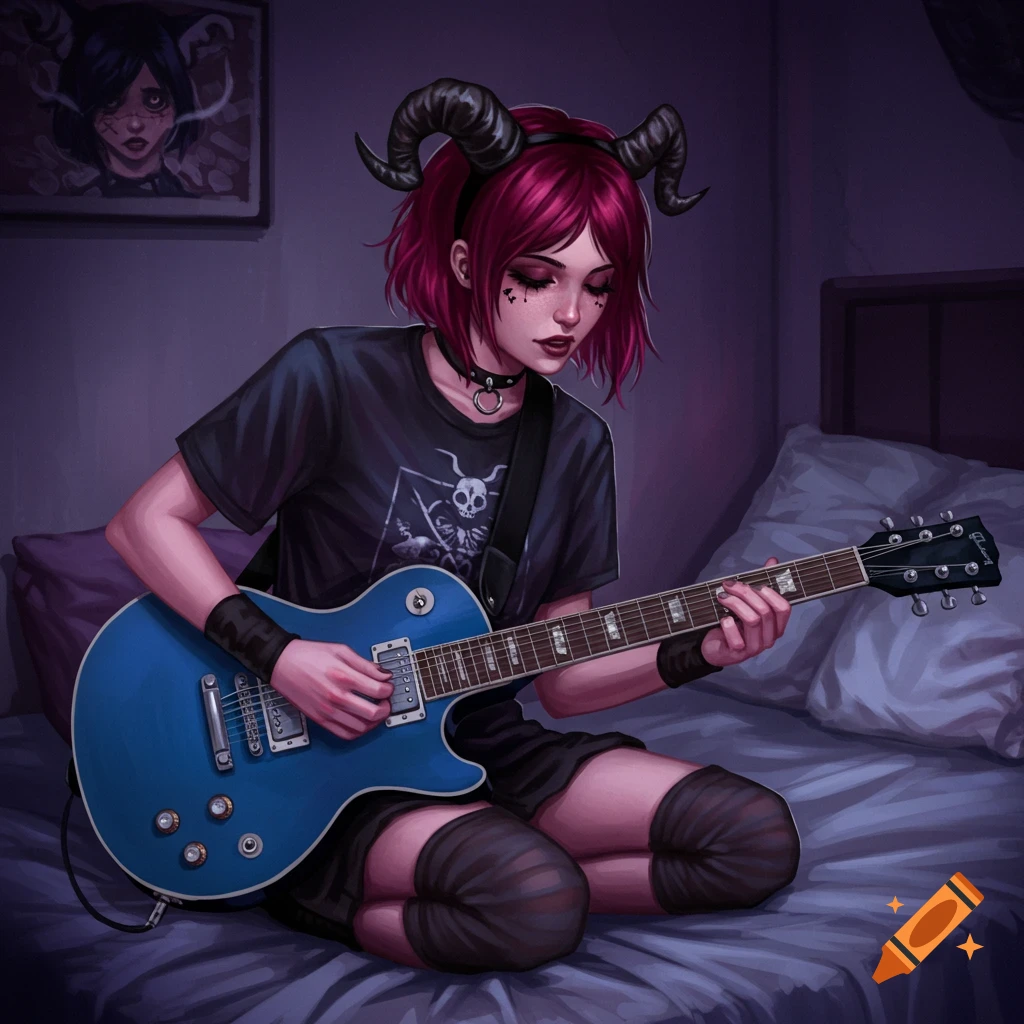 Emo woman with red hair and horns playing a blue guitar on a bed. on ...