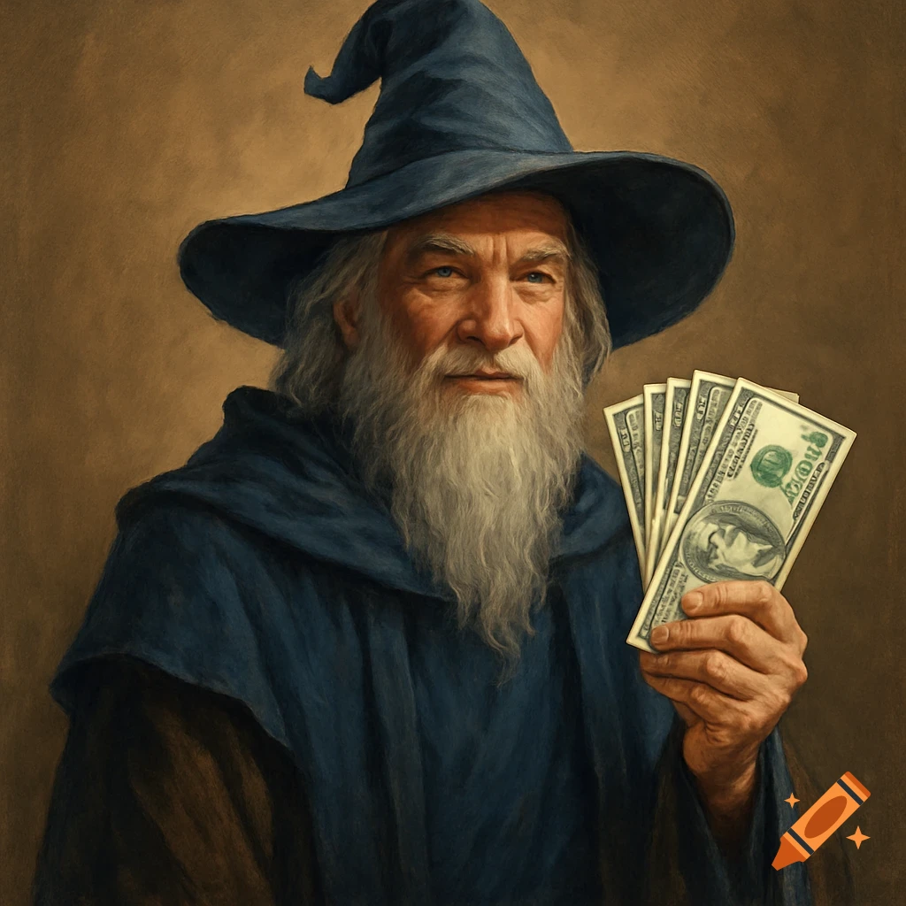 A painting of a wizard holding a fan of money. on Craiyon