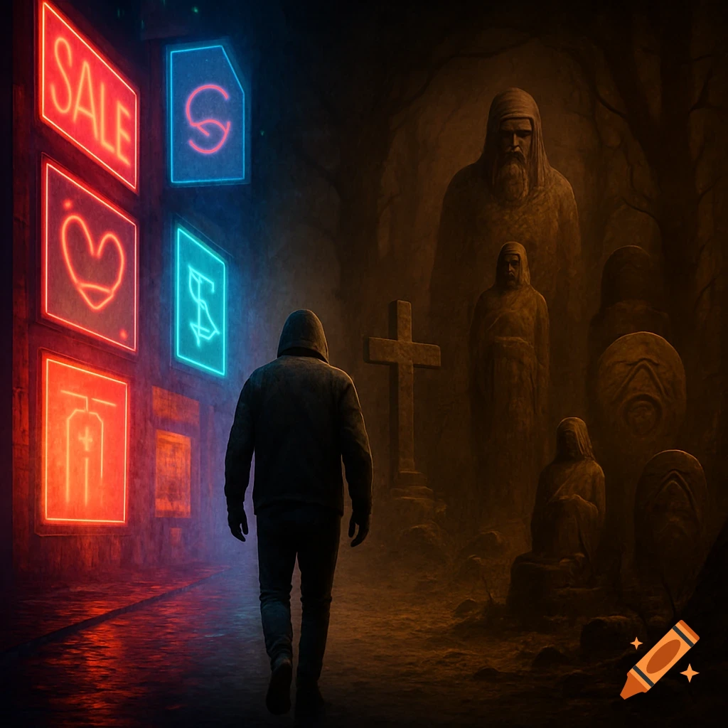 A hooded figure walks from glowing neon signs towards ancient statues ...