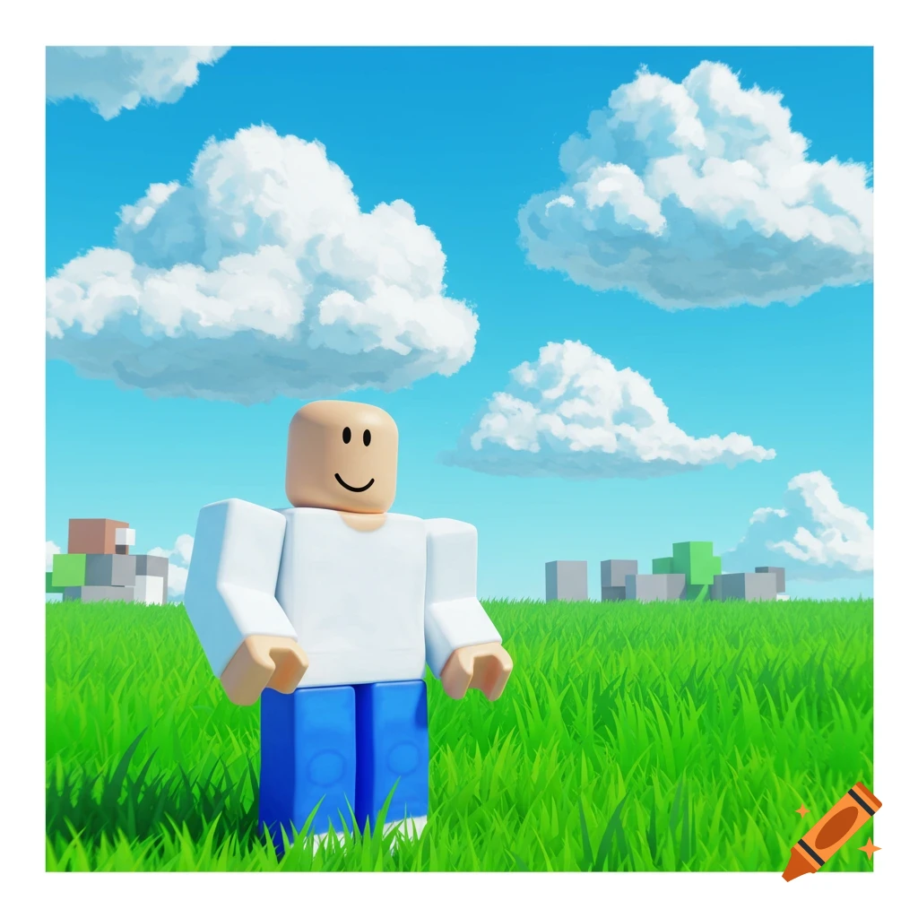 A Roblox noob character stands in a grassy field under a blue sky with clouds. on Craiyon