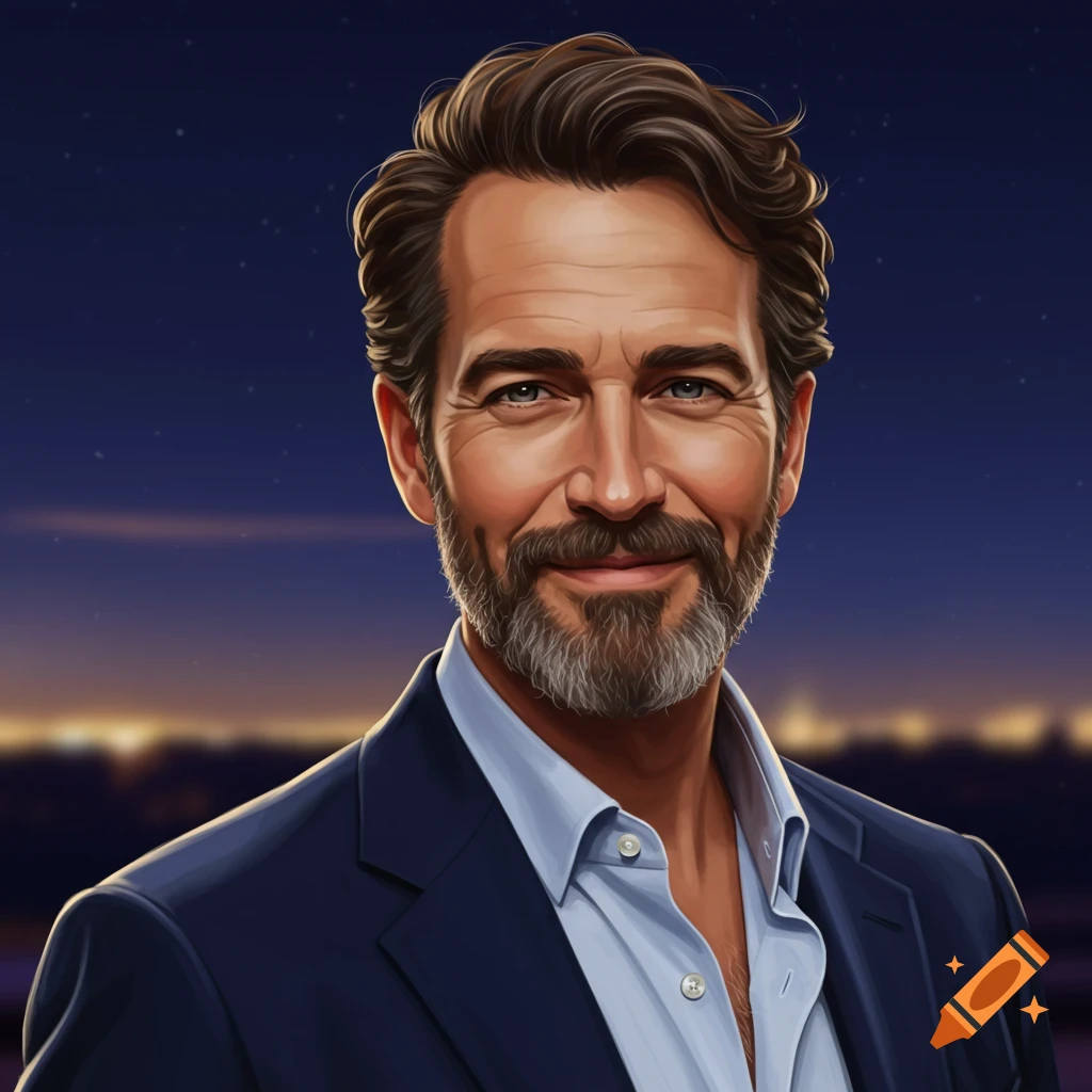 Stylized portrait of a smiling man with a beard in a suit, standing ...