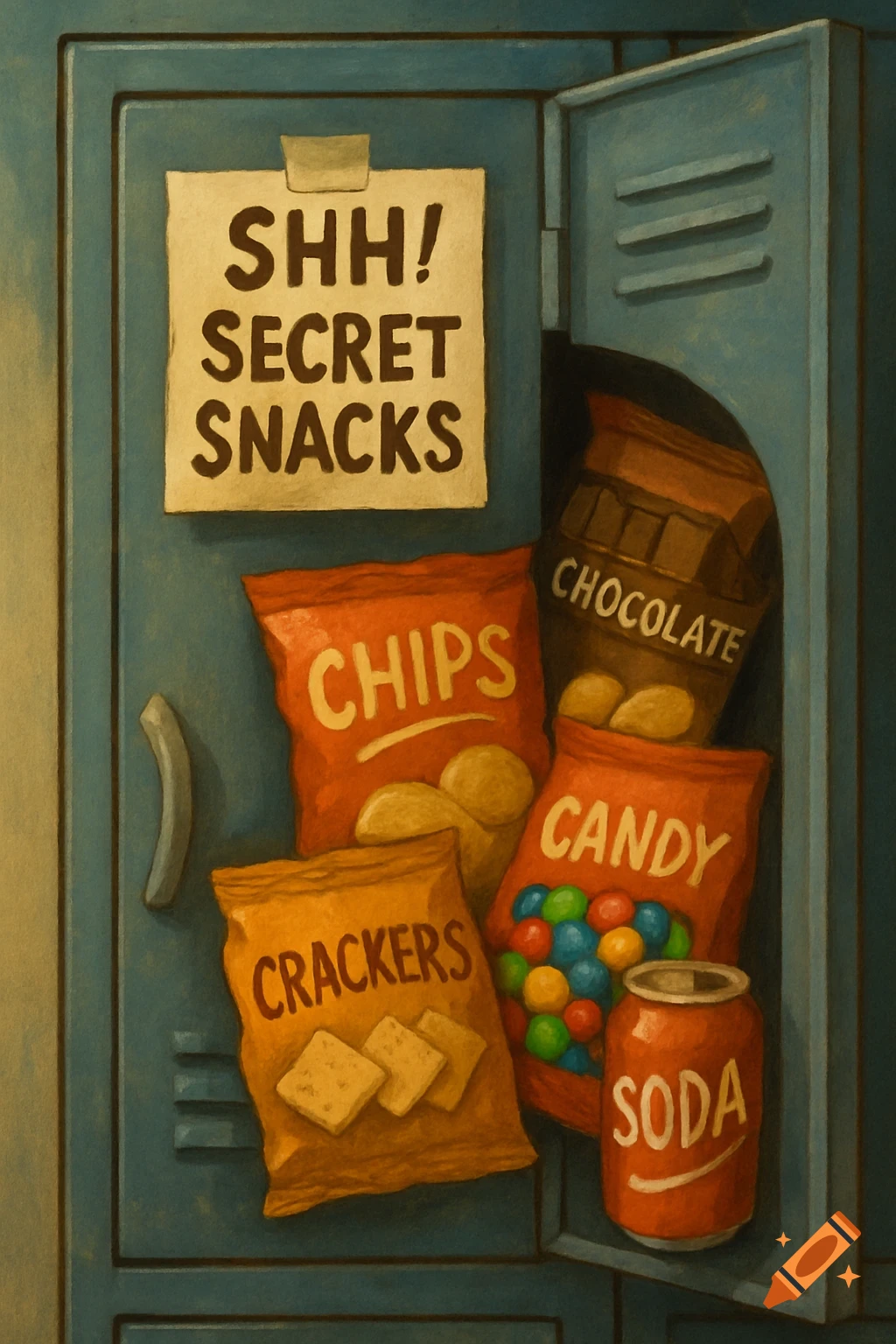 An open school locker stuffed with bags of chips, crackers, candy ...